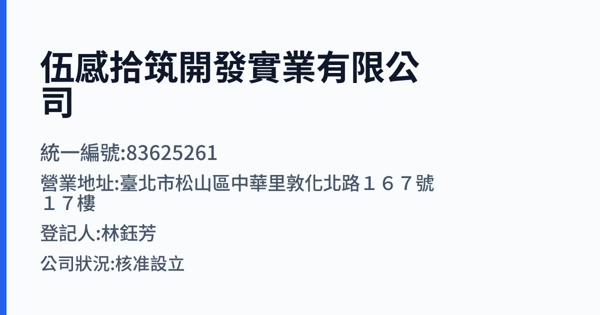 伍感拾筑開發實業有限公司 - 統編 83625261(臺北市) 公司登記資料與營業項目詳細圖表