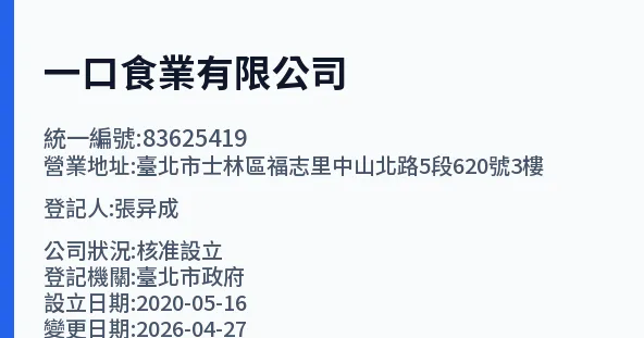 一口食業有限公司的照片-統編 83625419(臺北市) 公司登記資料與營業項目詳細圖表
