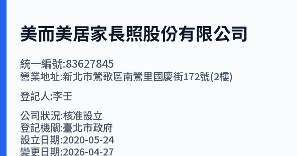 美而美居家長照股份有限公司的照片-統編 83627845(新北市) 公司登記資料與營業項目詳細圖表