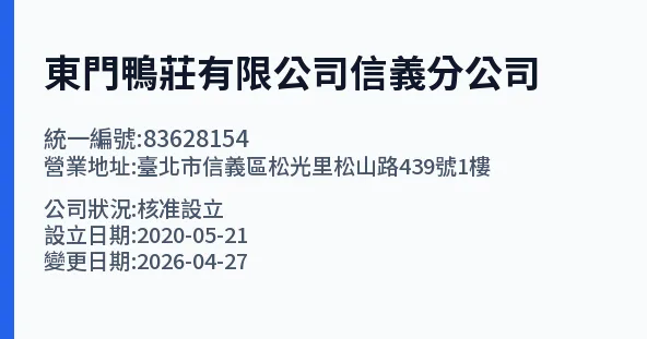 東門鴨莊有限公司信義分公司的照片-統編 83628154(臺北市) 公司登記資料與營業項目詳細圖表