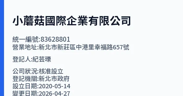 小蘑菇國際企業有限公司的照片-統編 83628801(新北市) 公司登記資料與營業項目詳細圖表