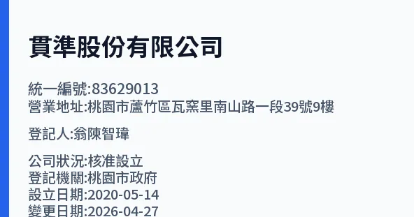 貫準股份有限公司的照片-統編 83629013(桃園市) 公司登記資料與營業項目詳細圖表
