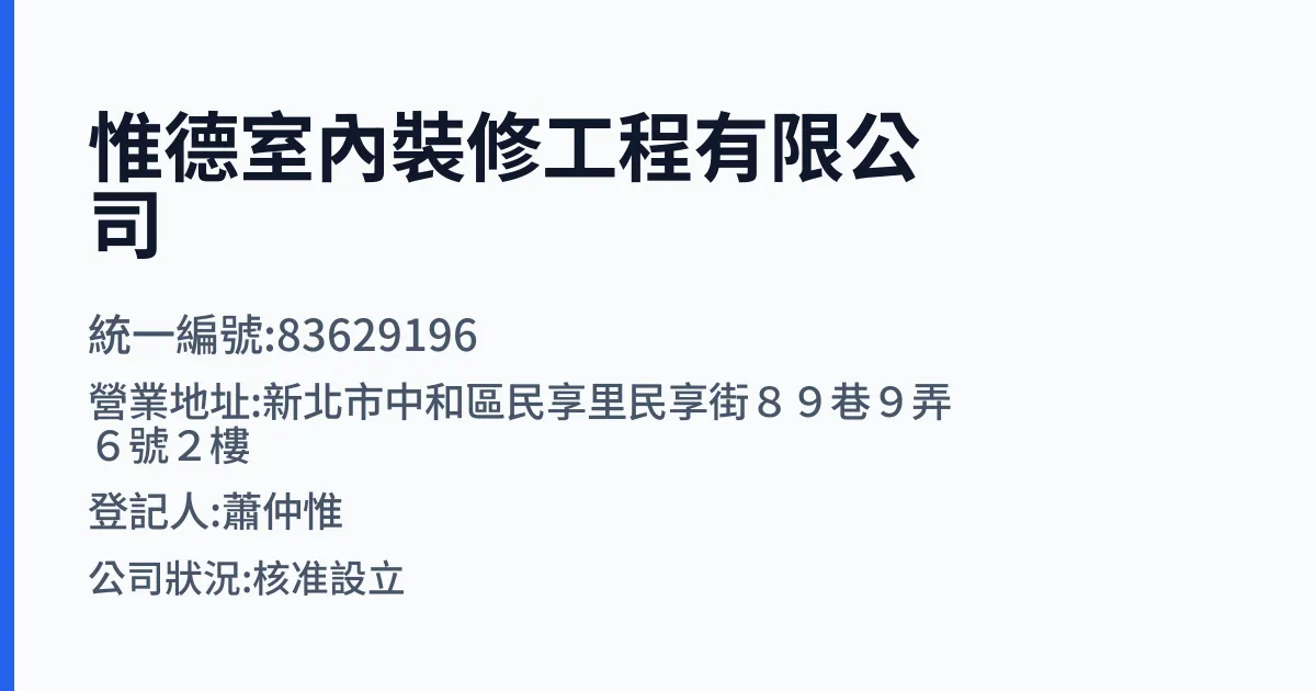 惟德室內裝修工程有限公司 - 統編 83629196(新北市) 公司登記資料與營業項目詳細圖表