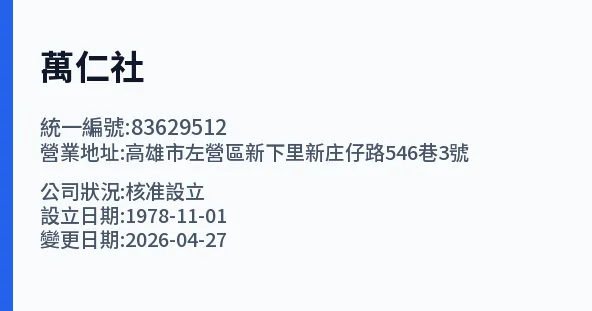 萬仁社的照片-統編 83629512(高雄市) 公司登記資料與營業項目詳細圖表