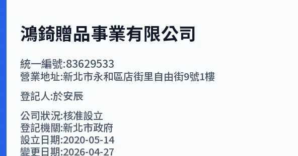 鴻錡贈品事業有限公司的照片-統編 83629533(新北市) 公司登記資料與營業項目詳細圖表