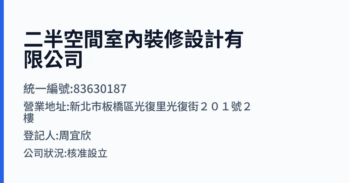 二半空間室內裝修設計有限公司 - 統編 83630187(新北市) 公司登記資料與營業項目詳細圖表
