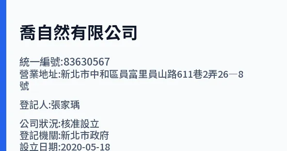喬自然有限公司的照片-統編 83630567(新北市) 公司登記資料與營業項目詳細圖表
