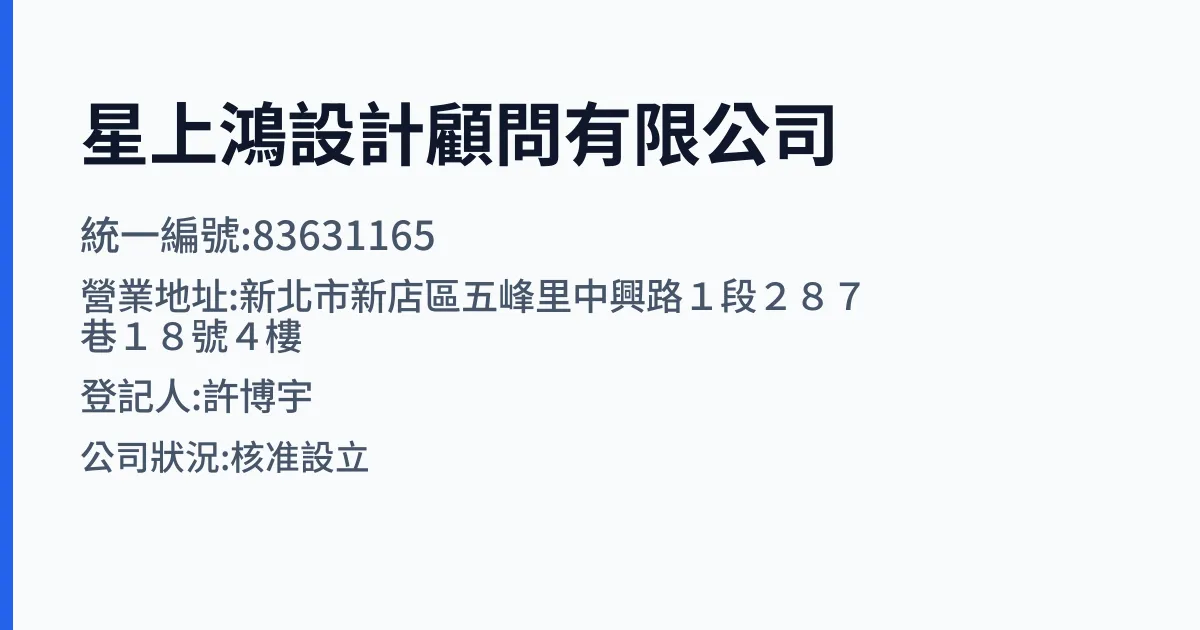 星上鴻設計顧問有限公司 - 統編 83631165(新北市) 公司登記資料與營業項目詳細圖表