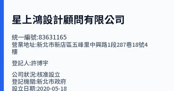 星上鴻設計顧問有限公司的照片-統編 83631165(新北市) 公司登記資料與營業項目詳細圖表