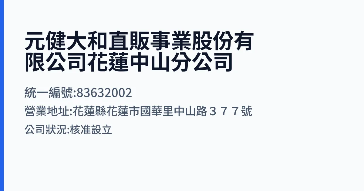 元健大和直販事業股份有限公司花蓮中山分公司 - 統編 83632002(花蓮縣) 公司登記資料與營業項目詳細圖表