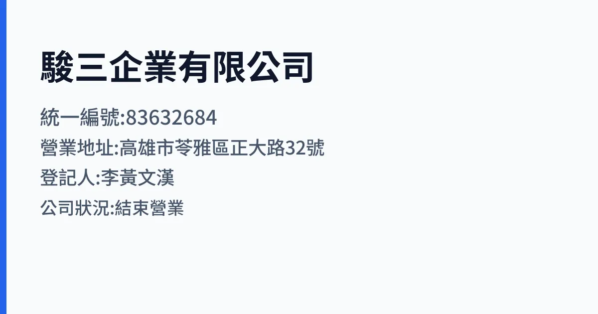駿三企業有限公司 - 統編 83632684(高雄市) 公司登記資料與營業項目詳細圖表