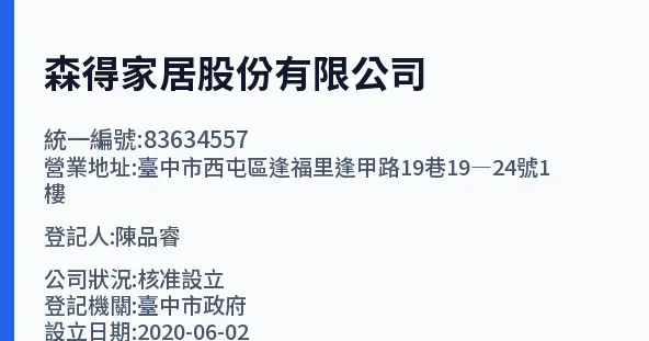 森得家居股份有限公司的照片-統編 83634557(臺中市) 公司登記資料與營業項目詳細圖表