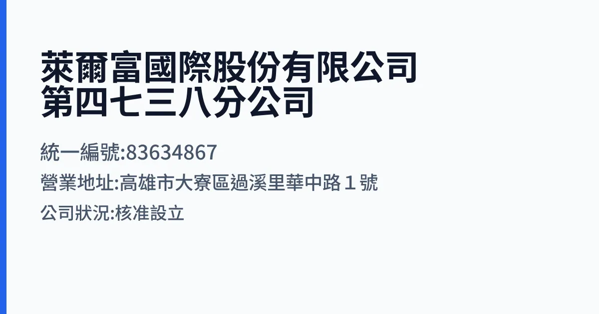 萊爾富國際股份有限公司第四七三八分公司 - 統編 83634867(高雄市) 公司登記資料與營業項目詳細圖表