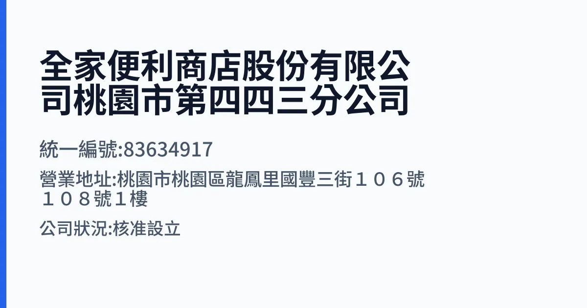 全家便利商店股份有限公司桃園市第四四三分公司 - 統編 83634917(桃園市) 公司登記資料與營業項目詳細圖表
