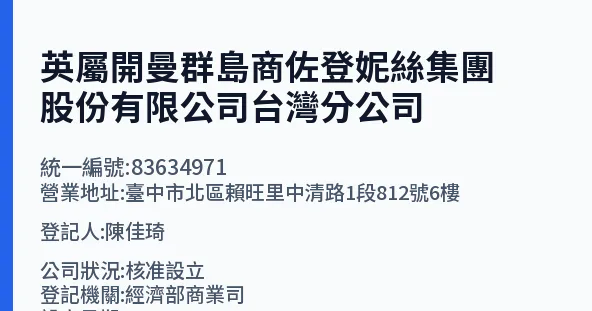 英屬開曼群島商佐登妮絲集團股份有限公司台灣分公司的照片-統編 83634971(臺中市) 公司登記資料與營業項目詳細圖表