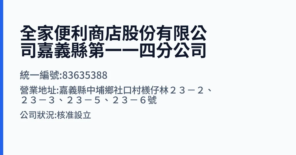 全家便利商店股份有限公司嘉義縣第一一四分公司 - 統編 83635388(嘉義縣) 公司登記資料與營業項目詳細圖表