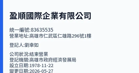 盈順國際企業有限公司的照片-統編 83635535(高雄市) 公司登記資料與營業項目詳細圖表