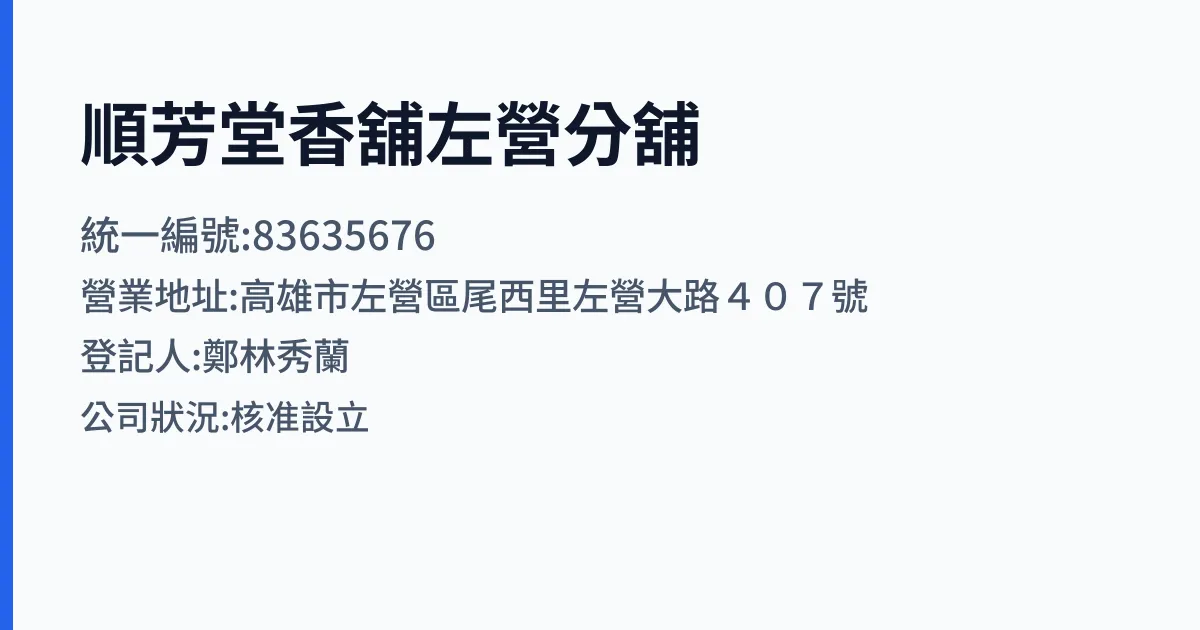 順芳堂香舖左營分舖 - 統編 83635676(高雄市) 公司登記資料與營業項目詳細圖表