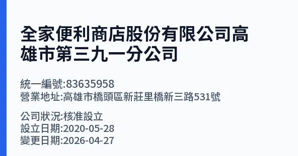 全家便利商店股份有限公司高雄市第三九一分公司的照片-統編 83635958(高雄市) 公司登記資料與營業項目詳細圖表