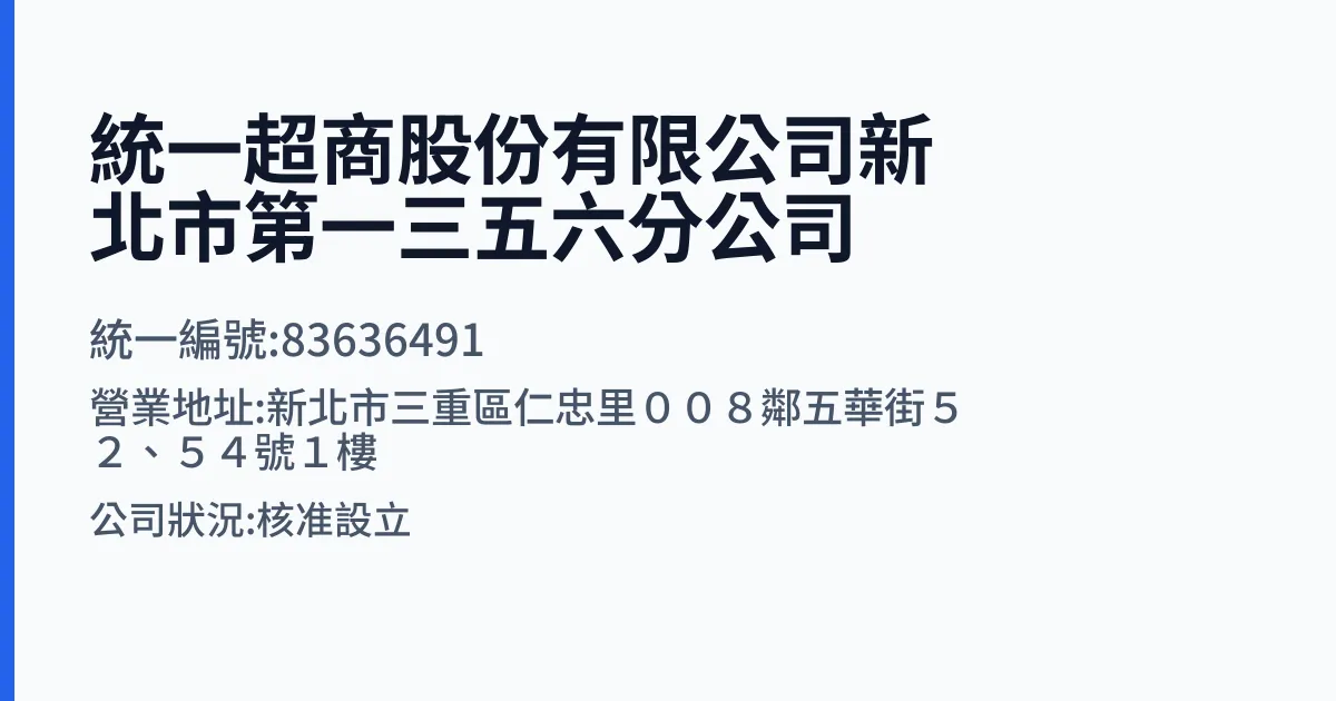 統一超商股份有限公司新北市第一三五六分公司 - 統編 83636491（新北市） 公司登記資料與營業項目詳細圖表
