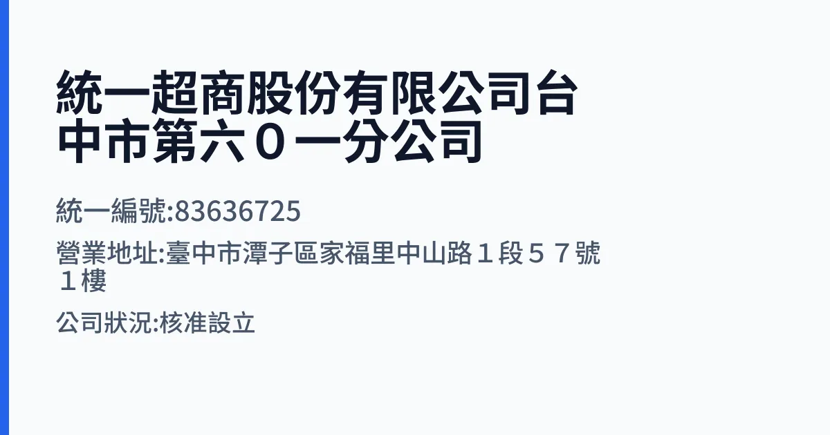 統一超商股份有限公司台中市第六０一分公司 - 統編 83636725(臺中市) 公司登記資料與營業項目詳細圖表