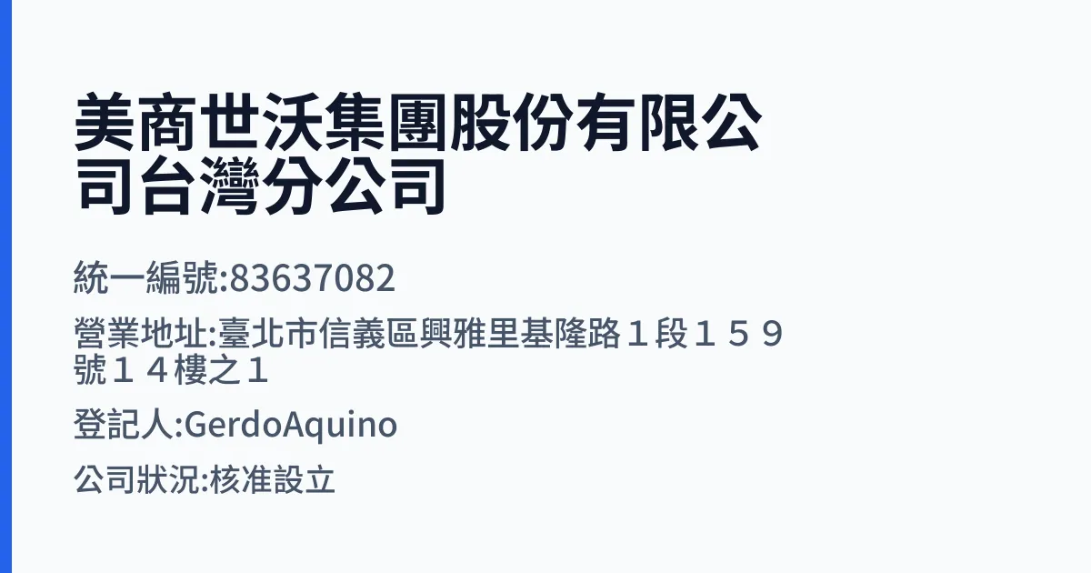 美商世沃集團股份有限公司台灣分公司 - 統編 83637082(臺北市) 公司登記資料與營業項目詳細圖表