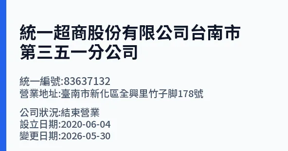 統一超商股份有限公司台南市第三五一分公司的照片-統編 83637132(臺南市) 公司登記資料與營業項目詳細圖表
