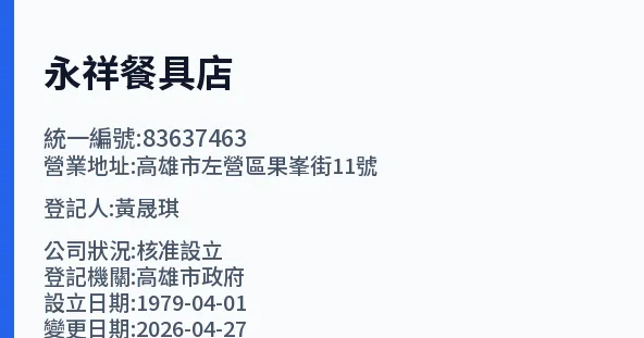 永祥餐具店的照片-統編 83637463(高雄市) 公司登記資料與營業項目詳細圖表