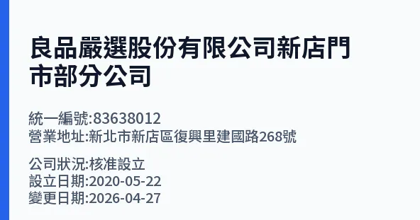 良品嚴選股份有限公司新店門市部分公司的照片-統編 83638012(新北市) 公司登記資料與營業項目詳細圖表