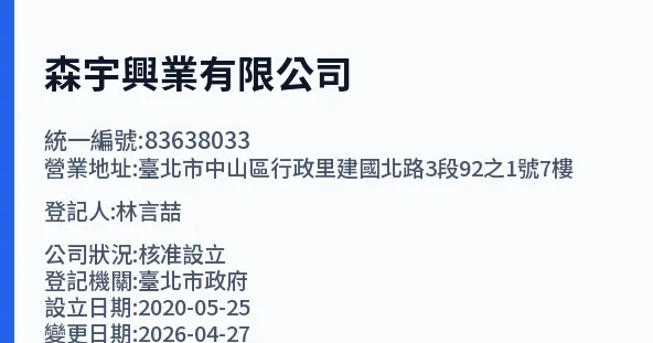 森宇興業有限公司的照片-統編 83638033(臺北市) 公司登記資料與營業項目詳細圖表