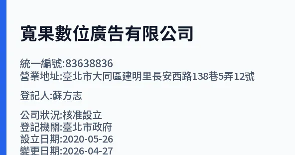 寬果數位廣告有限公司的照片-統編 83638836(臺北市) 公司登記資料與營業項目詳細圖表