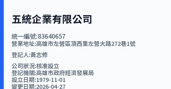 五統企業有限公司的照片-統編 83640657(高雄市) 公司登記資料與營業項目詳細圖表