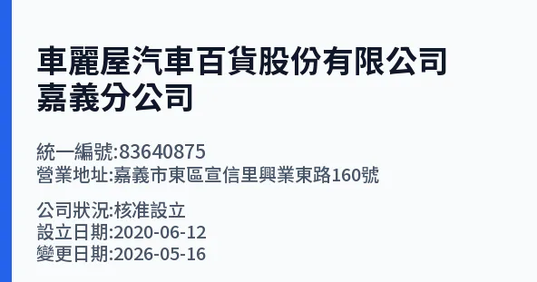 車麗屋汽車百貨股份有限公司嘉義分公司的照片-統編 83640875(嘉義市) 公司登記資料與營業項目詳細圖表