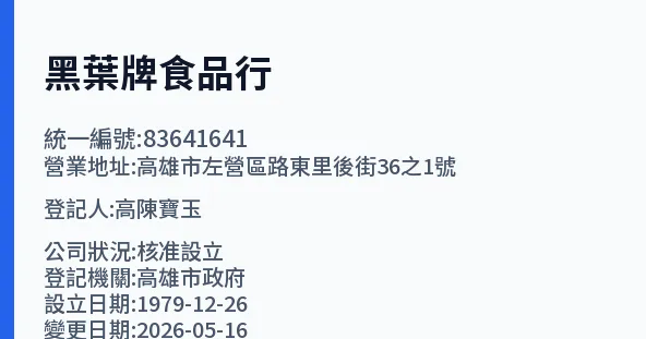 黑葉牌食品行的照片-統編 83641641(高雄市) 公司登記資料與營業項目詳細圖表
