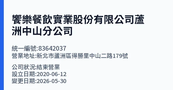 饗樂餐飲實業股份有限公司蘆洲中山分公司的照片-統編 83642037(新北市) 公司登記資料與營業項目詳細圖表