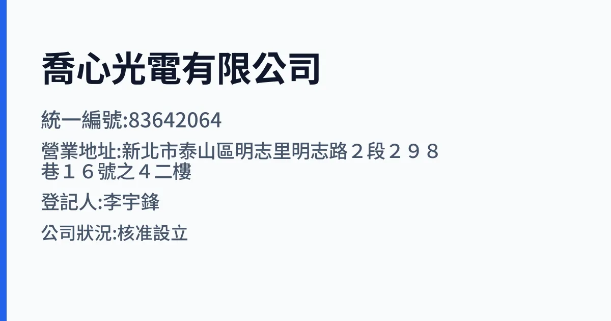 喬心光電有限公司 - 統編 83642064(新北市) 公司登記資料與營業項目詳細圖表