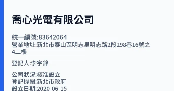 喬心光電有限公司的照片-統編 83642064(新北市) 公司登記資料與營業項目詳細圖表