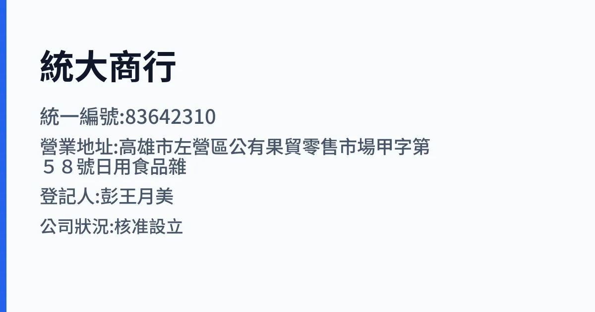 統大商行 - 統編 83642310(高雄市) 公司登記資料與營業項目詳細圖表