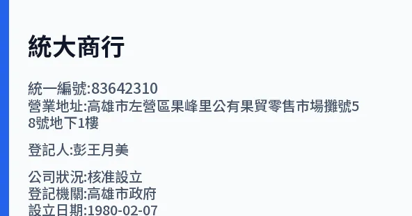 統大商行的照片-統編 83642310(高雄市) 公司登記資料與營業項目詳細圖表