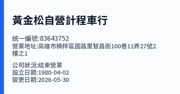黃金松自營計程車行的照片-統編 83643752(高雄市) 公司登記資料與營業項目詳細圖表