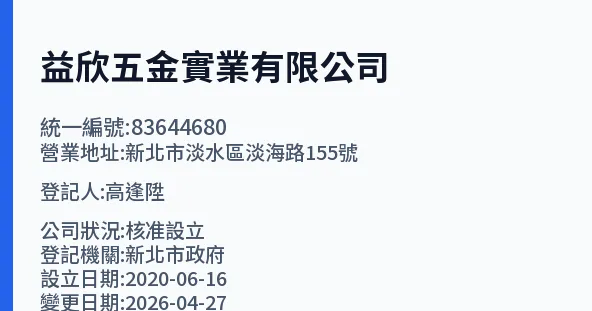 益欣五金實業有限公司的照片-統編 83644680(新北市) 公司登記資料與營業項目詳細圖表
