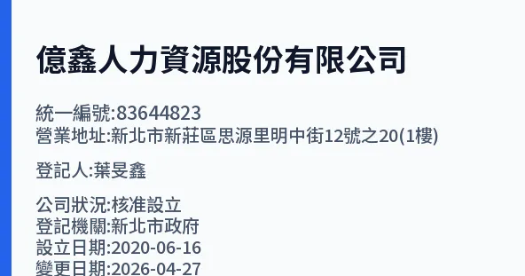 億鑫人力資源股份有限公司的照片-統編 83644823(新北市) 公司登記資料與營業項目詳細圖表