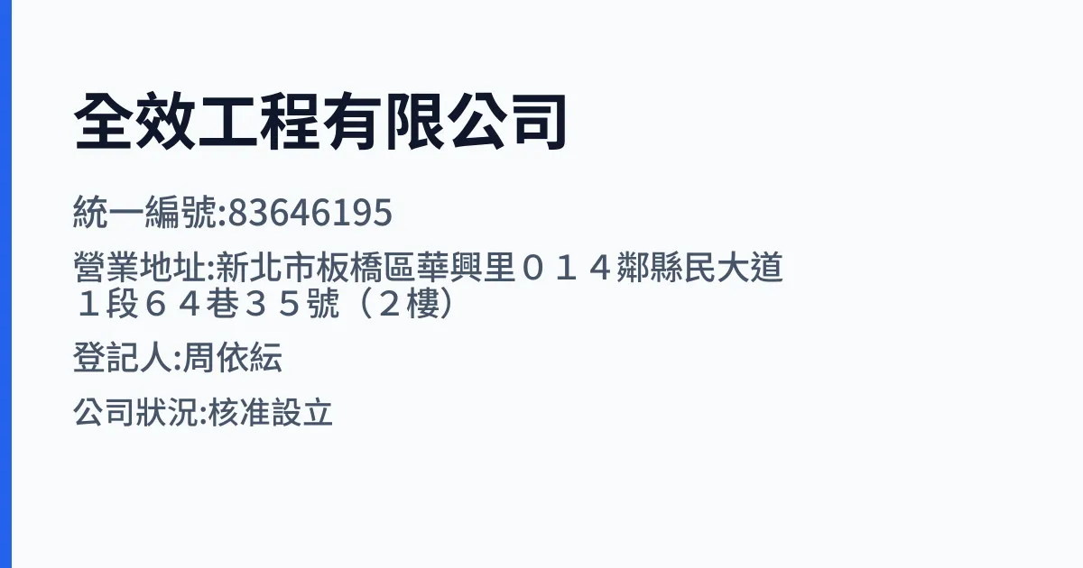 全效工程有限公司 - 統編 83646195(新北市) 公司登記資料與營業項目詳細圖表