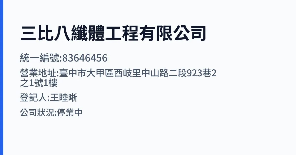 三比八纖體工程有限公司 - 統編 83646456(臺中市) 公司登記資料與營業項目詳細圖表
