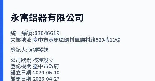 永富鋁器有限公司的照片-統編 83646619(臺中市) 公司登記資料與營業項目詳細圖表