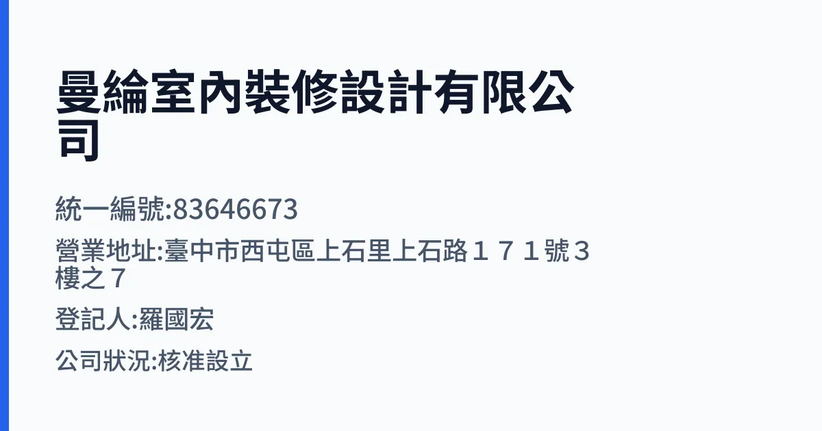 曼綸室內裝修設計有限公司 - 統編 83646673(臺中市) 公司登記資料與營業項目詳細圖表
