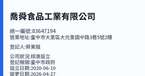 喬舜食品工業有限公司的照片-統編 83647194(臺中市) 公司登記資料與營業項目詳細圖表