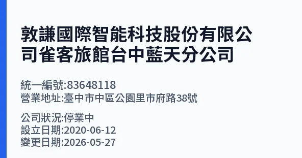 敦謙國際智能科技股份有限公司雀客旅館台中藍天分公司的照片-統編 83648118(臺中市) 公司登記資料與營業項目詳細圖表