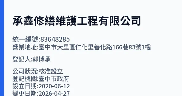 承鑫修繕維護工程有限公司的照片-統編 83648285(臺中市) 公司登記資料與營業項目詳細圖表