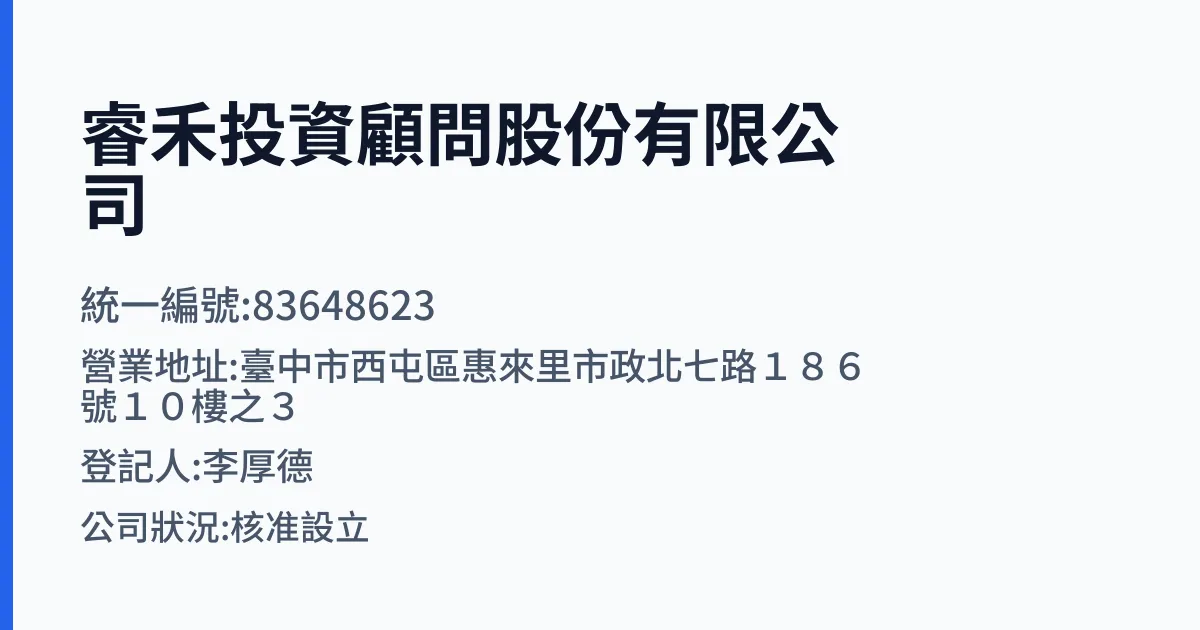 睿禾投資顧問股份有限公司 - 統編 83648623(臺中市) 公司登記資料與營業項目詳細圖表